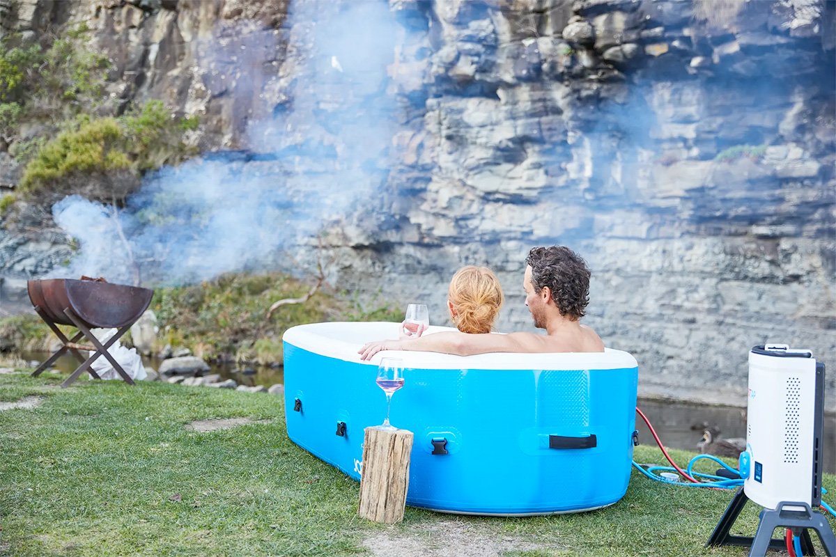 Camping hot tub inflates in 2 minutes for scenic soaking anywhere